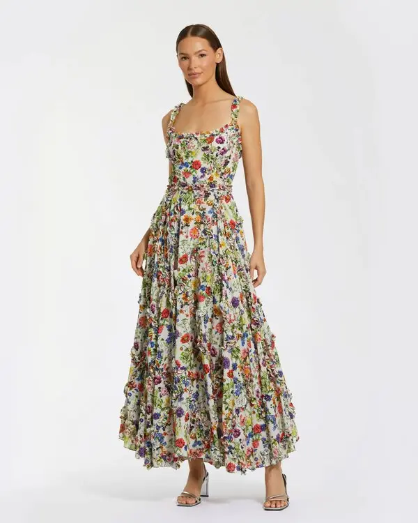 Mac Duggal Floral A-line Dress With Ruffle Detail