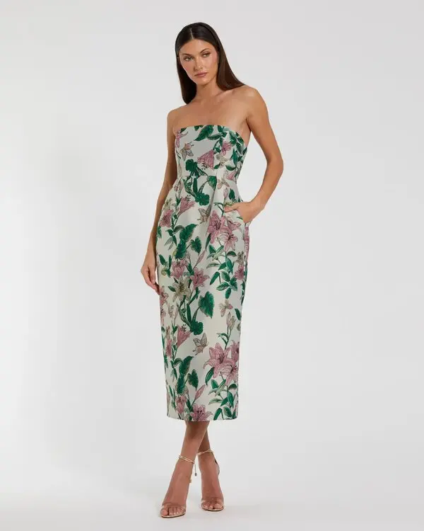 Mac Duggal Floral Brocade Strapless Midi Dress