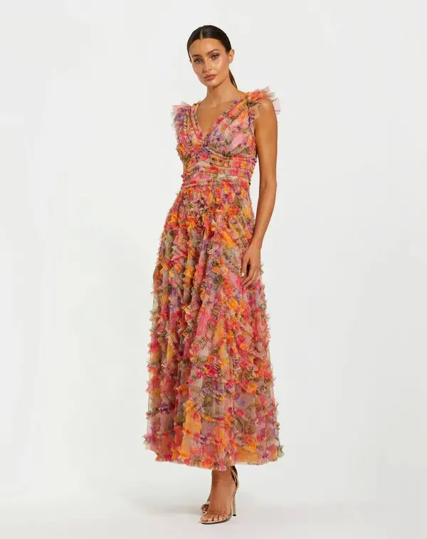 Mac Duggal Floral V-neck Ruffle Maxi Dress