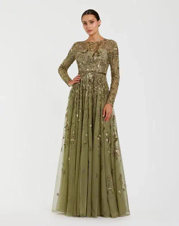 mac duggal green long sleeve dress Black Sequined Long Sleeve Gown