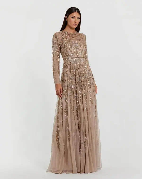 Mac Duggal Hand-embellished Maxi Gown With Long Sleeves