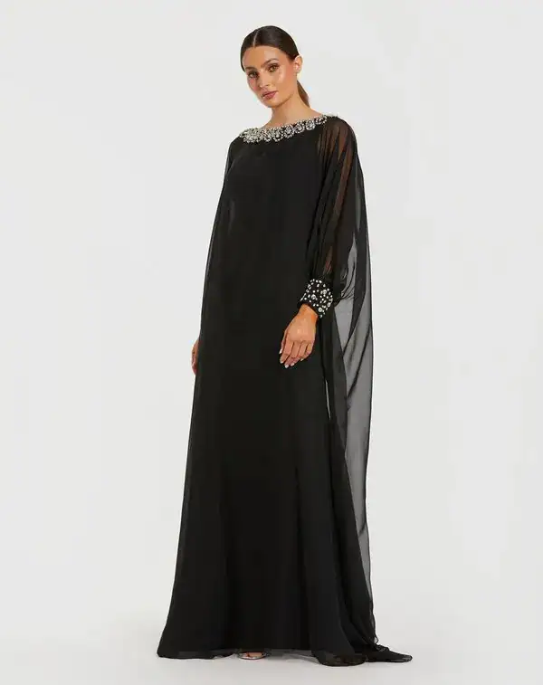 Mac Duggal - Black Long Sleeve Embellished Chiffon Kaftan Gown - Black / US 20