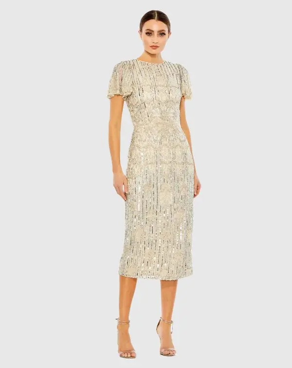 Mac Duggal Embellished Flutter Sleeve High Neck Dress