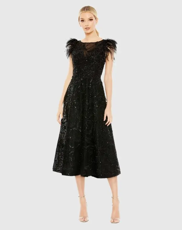 Mac Duggal Feather Shoulder Embellished Dress