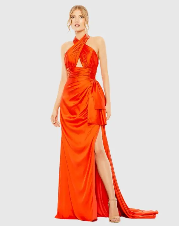 Mac Duggal Halter Neck Ruffle Side Slit Maxi Gown