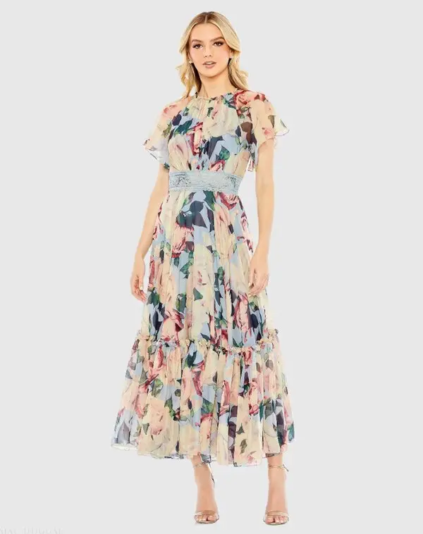 Mac Duggal Floral Chiffon Gown With Lace Belt