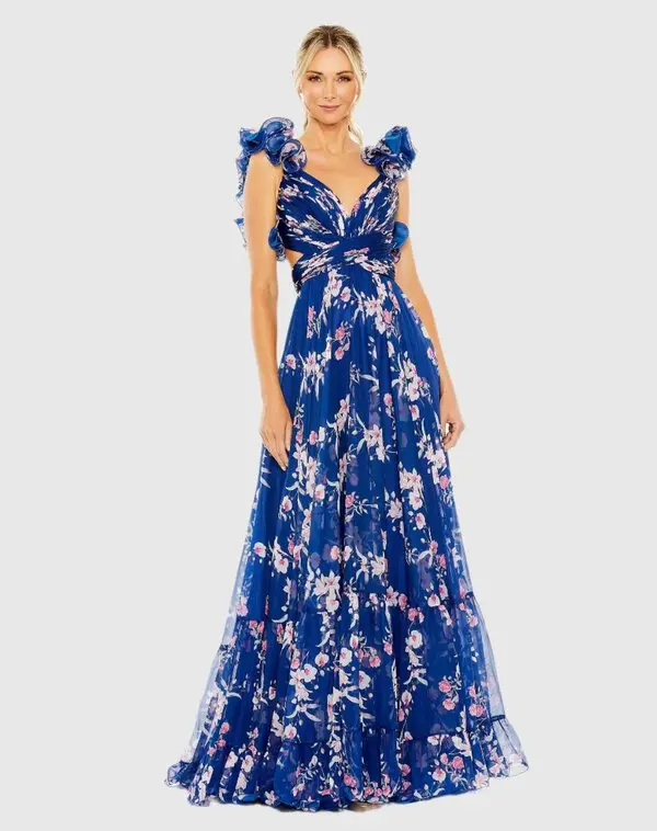 Mac Duggal Ruffle Tiered Floral Cut-out Maxi Gown - Blue