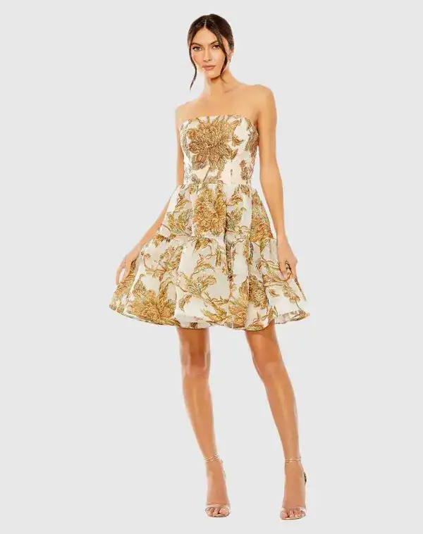 Mac Duggal Floral Brocade A-Line Mini Dress With Pockets In Bronze |  Editorialist