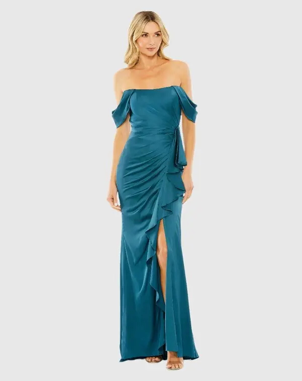 Mac Duggal Off-the-shoulder Ruched Maxi Gown