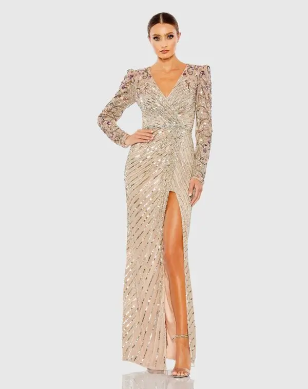 Mac Duggal Embellished Puff Sleeve Faux Wrap Maxi Gown - Sand Multi