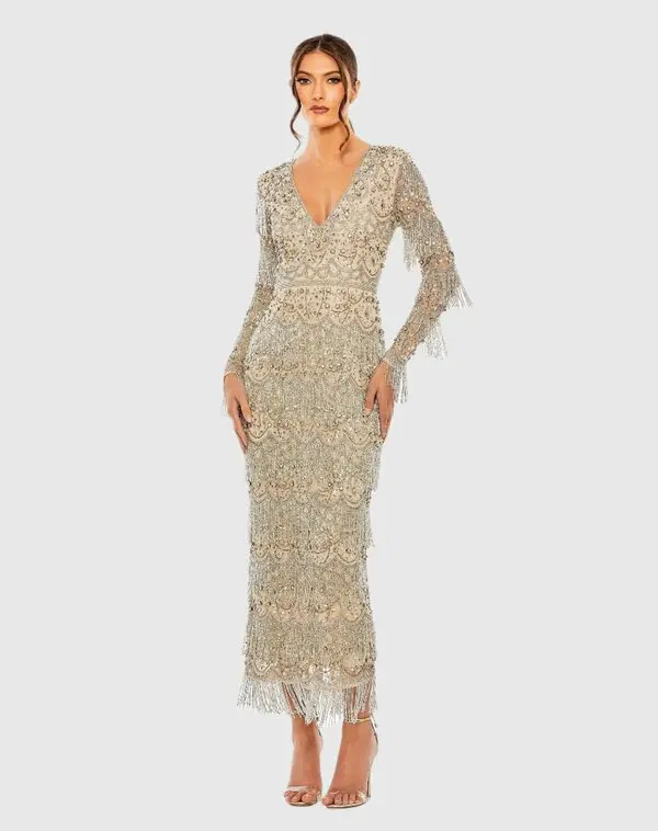 Mac Duggal Beaded Fringe Embellished Sheath Dress