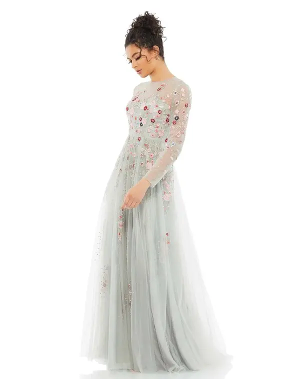 Mac Duggal Embroidered Illusion High Neck Maxi Gown - Silver