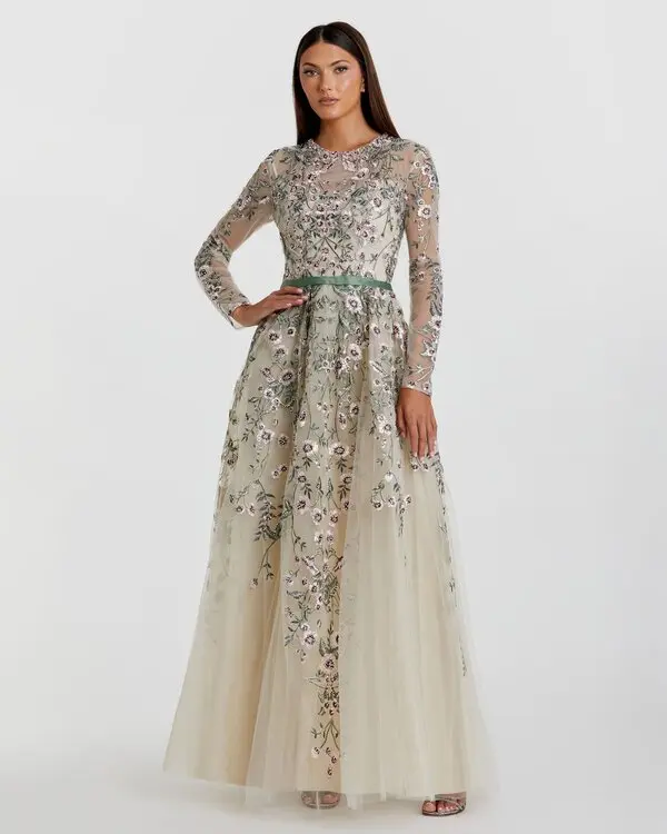 Mac Duggal Floral Embellished A-line Maxi Gown