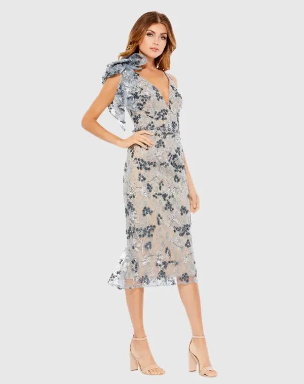 Mac Duggal Floral Embellished Midi Dress With Shoulder Bow