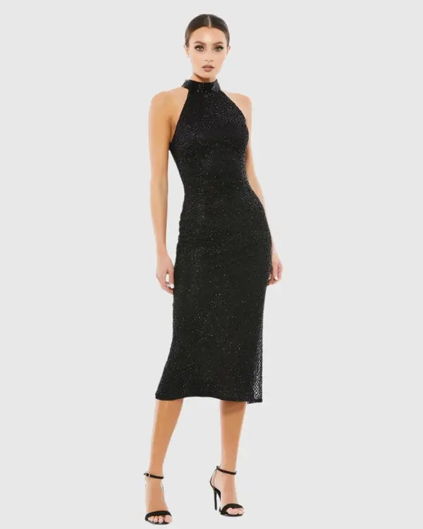 Mac Duggal High Neck Halter Sleeveless Midi Dress