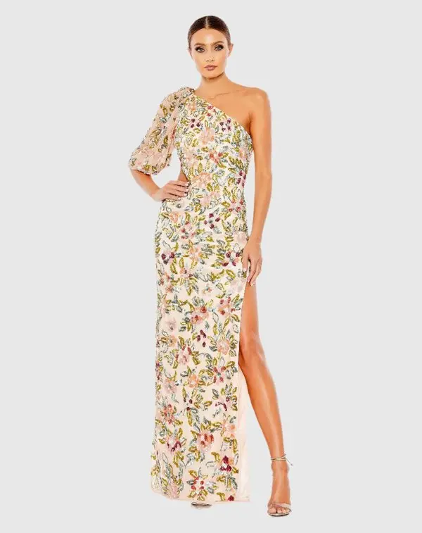 Mac Duggal Floral Embellished One-shoulder Maxi Gown