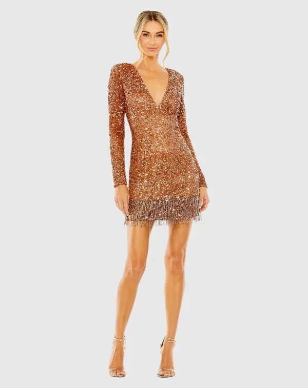 Mac Duggal Sequin V-neck Dress With Fringe