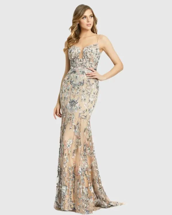 Mac Duggal Embroidered Trumpet Maxi Gown With Spaghetti Straps