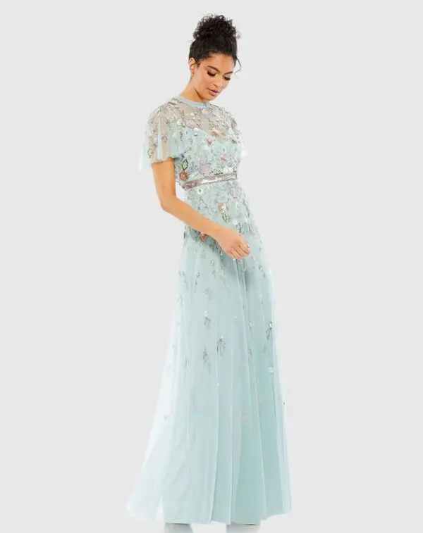 Mac Duggal Embellished High Neck Butterfly Sleeve Gown - Green