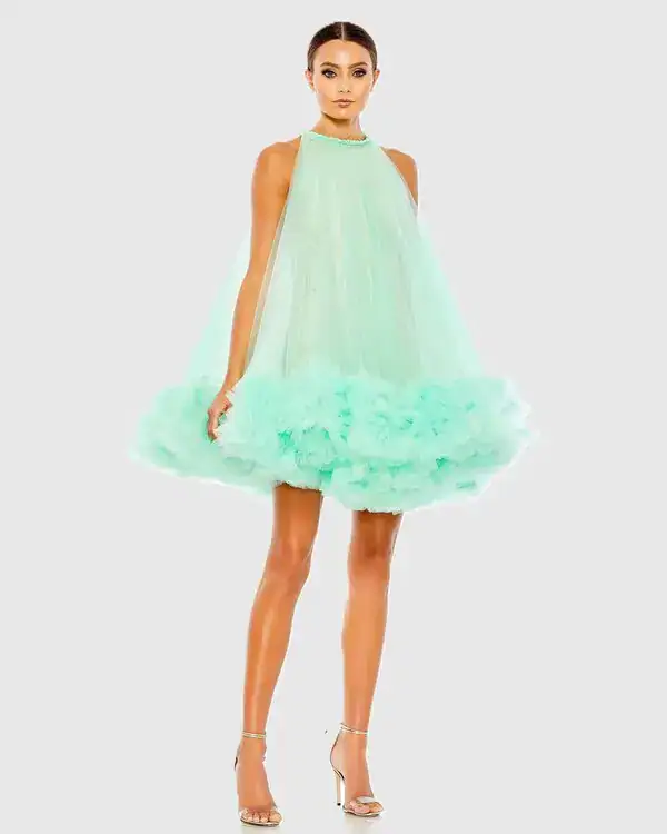 Mac Duggal High Neck Gathered Tulle A-Line Swing Dress - Green |  Editorialist