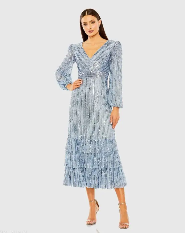 Mac Duggal A-line V-neck Sequin Ruffle Dress