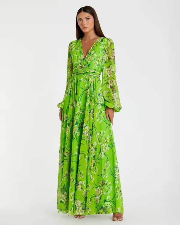 Mac Duggal Floral Chiffon Maxi Gown With Puff Sleeves