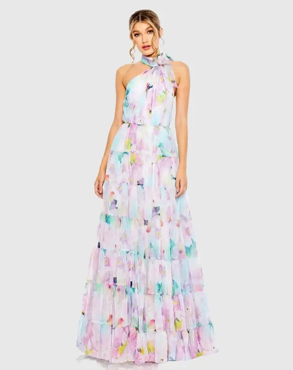 Mac Duggal Floral Print Asymmetrical Halter Neck Tiered Maxi Gown