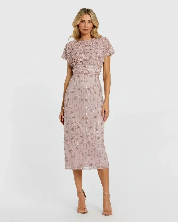 Mac Duggal Cap Sleeve Beaded Sheath Midi Dress - Lilac