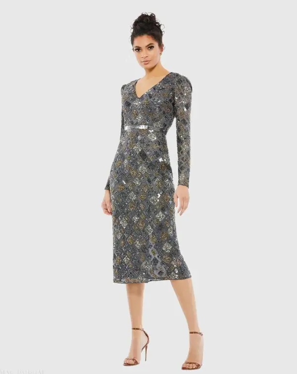 Mac Duggal Long Sleeve Geometric Sequin Midi Dress
