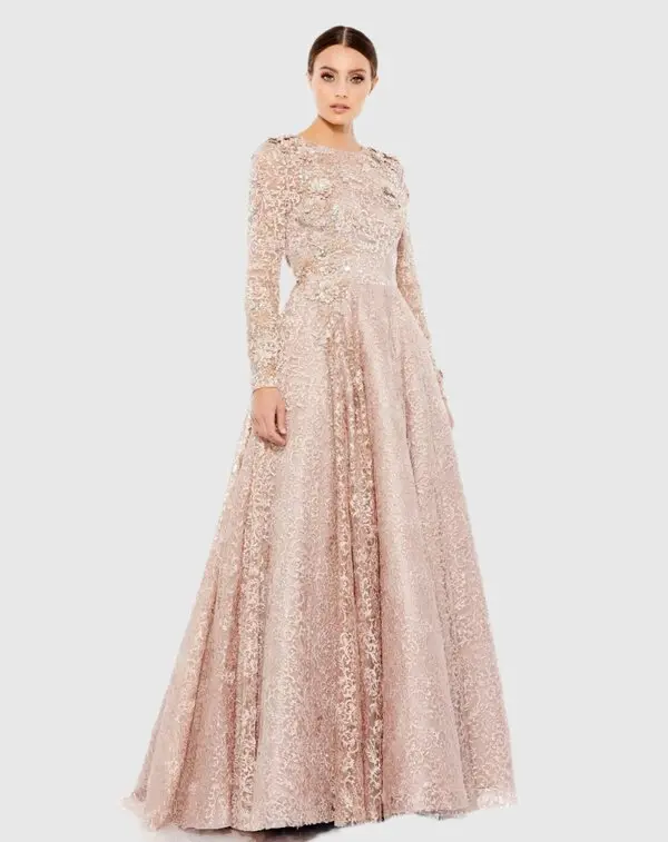 Mac Duggal Embellished Illusion Long Sleeve A-line Maxi Gown - Brown