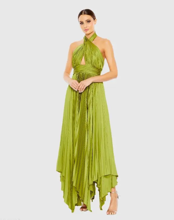 Mac Duggal Pleated Halter Neck Maxi Gown - Green