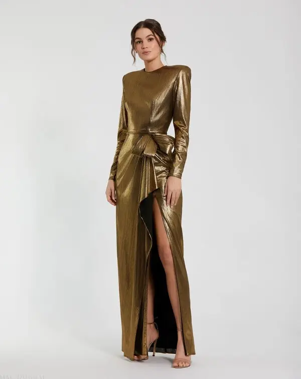 Mac Duggal Metallic Long Sleeve Maxi Gown With Bow
