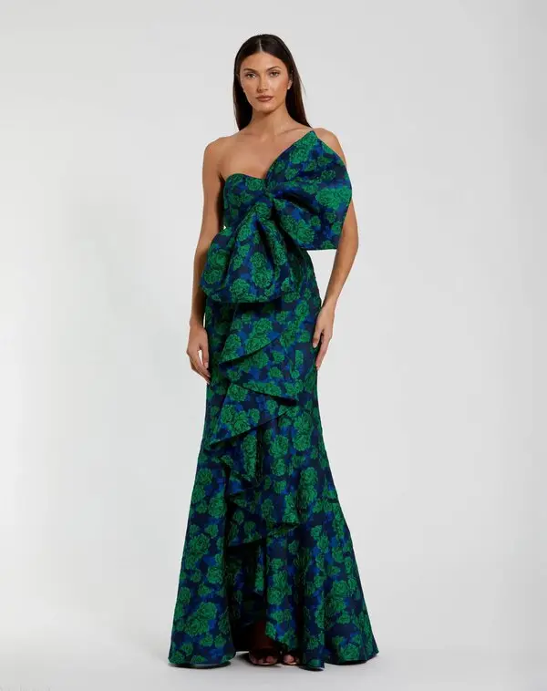 Mac Duggal Brocade Strapless Gown With Oversized Bow