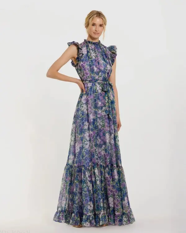 Mac Duggal Floral Printed Chiffon Gown With Ruffle Sleeves