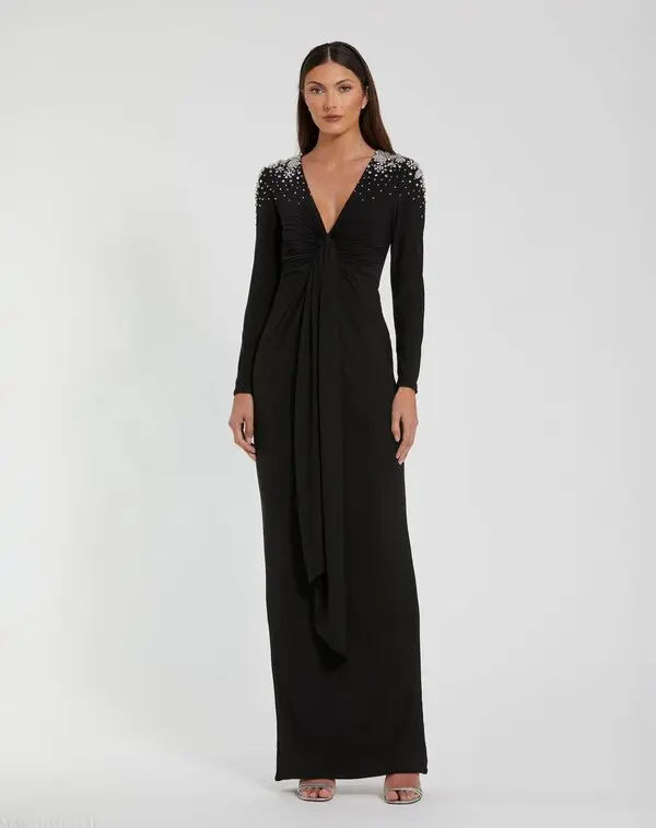 Mac Duggal Jersey V-neck Maxi Gown With Beaded Shoulders
