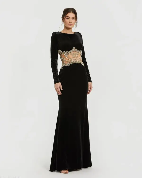 Mac Duggal Long Sleeve Sheer Embellished Velvet Maxi Gown