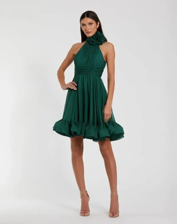 Mac Duggal Sleeveless Chiffon Mini Dress With 3d Flower