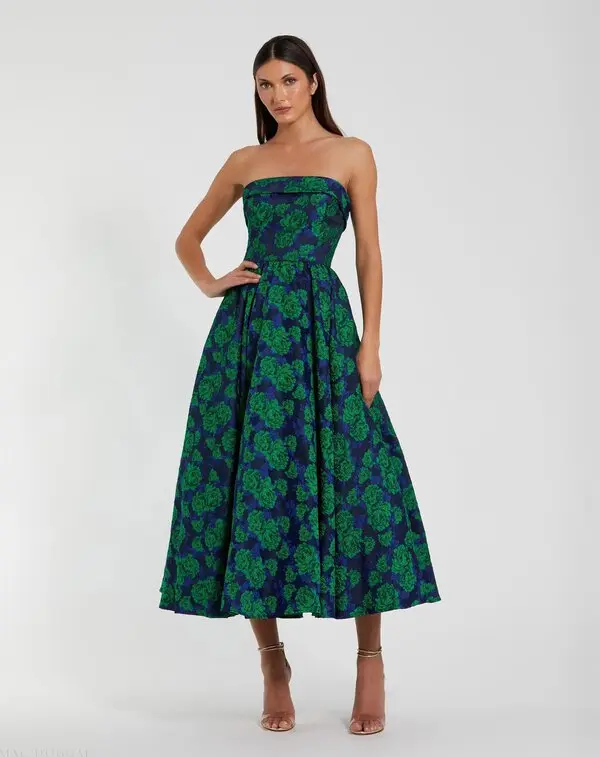 Mac Duggal Brocade Strapless A-line Midi Dress - Emerald Multi