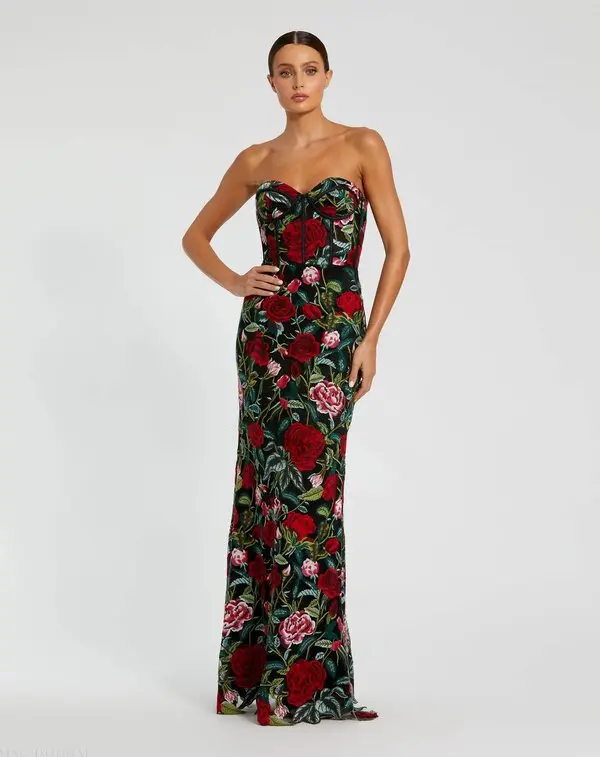 Mac Duggal Floral Applique Bustier Maxi Gown - Black