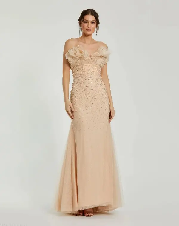 Mac Duggal Strapless Embellished Tulle Mermaid Maxi Gown - White