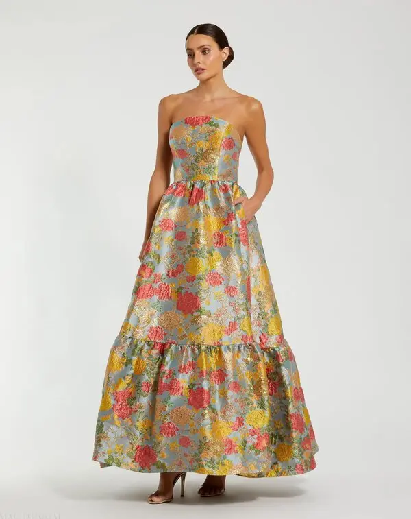 Mac Duggal Floral Brocade Strapless Gown - Turquoise Multi
