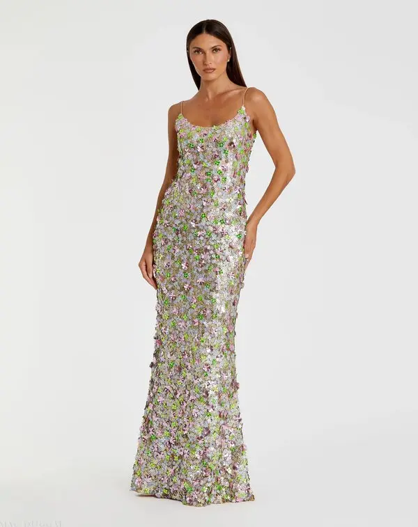 Mac Duggal Floral Paillette Embellished Mesh Gown