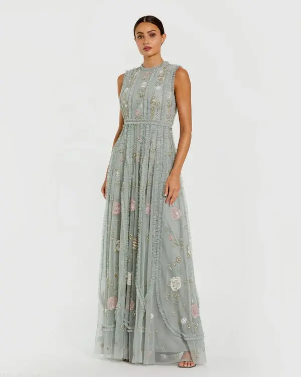 Mac Duggal Floral Beaded Mesh Maxi Gown