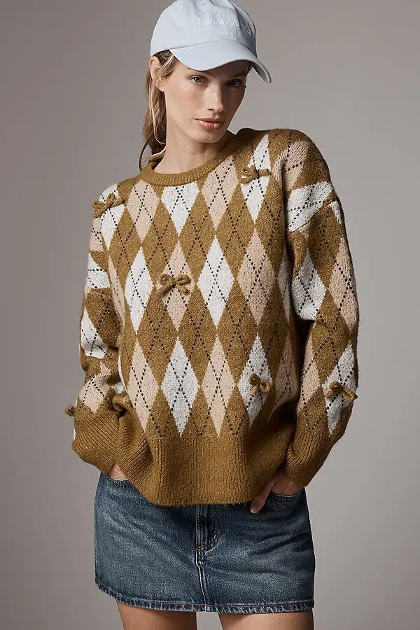 Maeve 3d Bow Argyle Crewneck Sweater