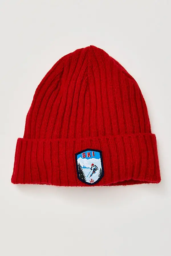 Krimson Klover Cashmere Beanie With Ski Patches - Racing Red