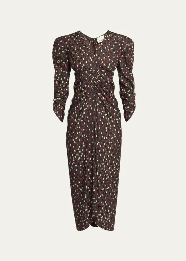 Isabel Marant Albini Polka-dot Ruched-sleeve Midi Dress