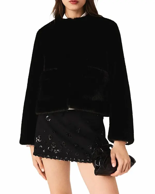 Maje Short Faux Fur Coat - Black