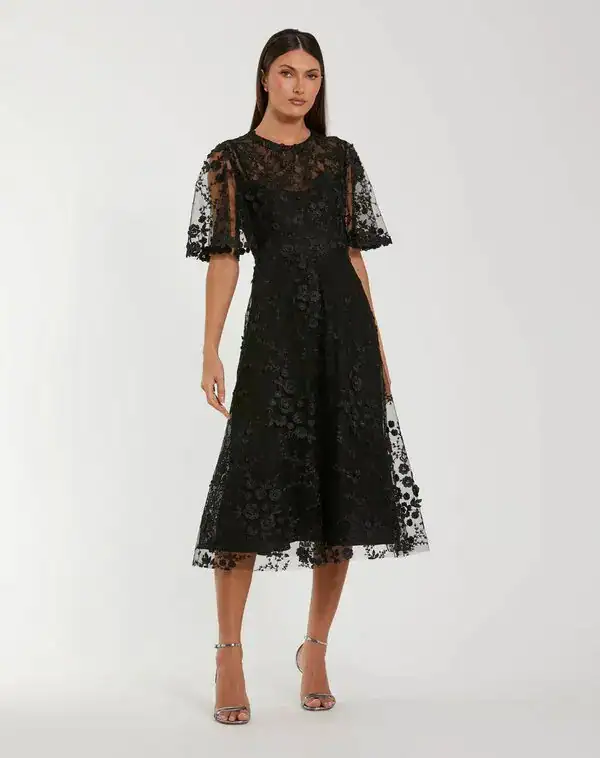 Mac Duggal Women's Flutter Sleeve Embroidered Midi Dress - Black