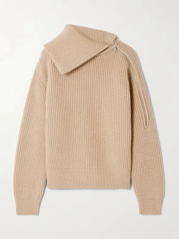 Dries Van Noten Ribbed Wool Zip-up Sweater - Neutrals