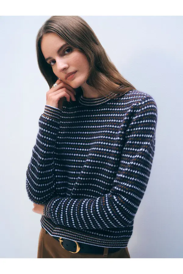 WHITE & WARREN Cashmere Textured Stripe Crewneck